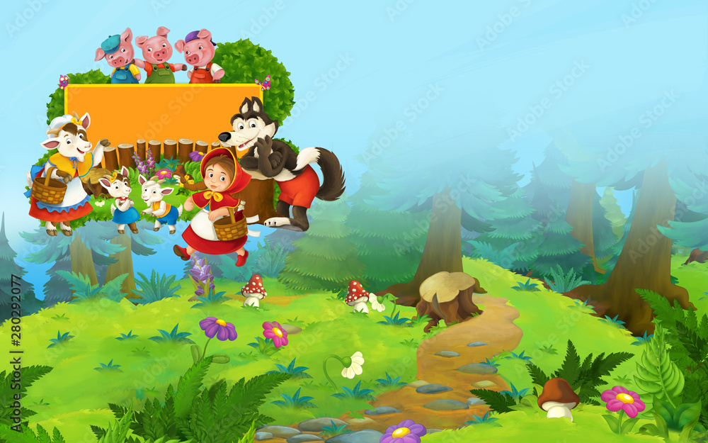 Cartoon fairy tale scene with wolf on the meadow and title frame with ...