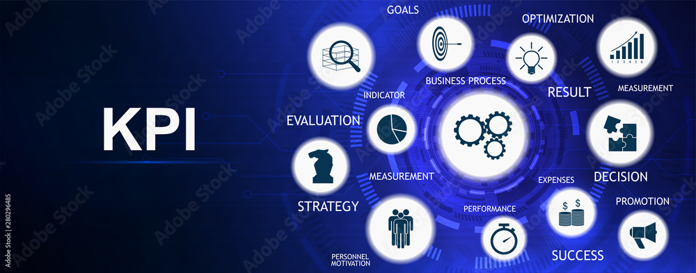 KPI - Key Performance Indicator banner with Keywords and Icons. Metrics ...