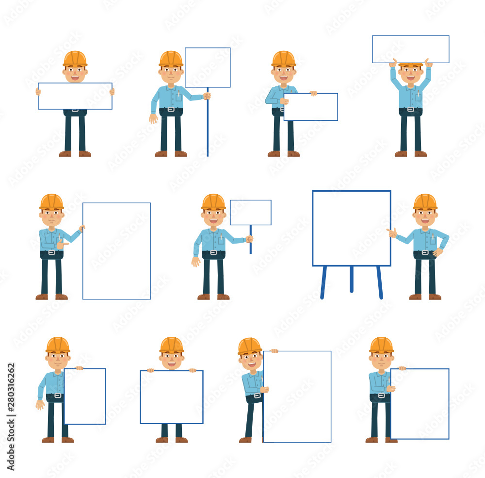 Big set of construction man characters posing with different blank ...