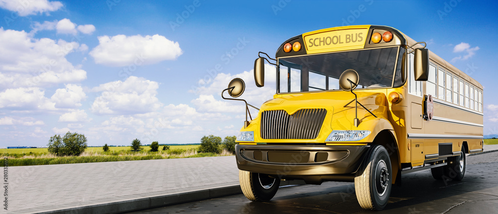School bus driving on the road, concept of going back to school ...