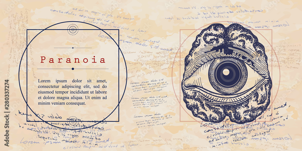 Paranoia. Psychological vector illustration. Brain and all seeing eye ...