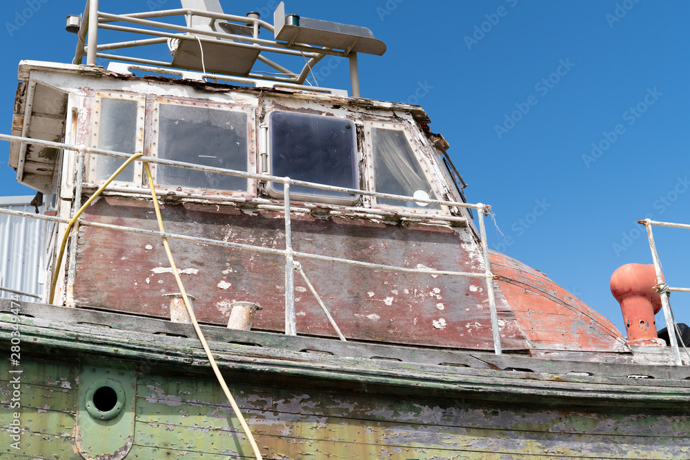 ancient Rusty Ship Board of old and colored boat wooden hull past used ...