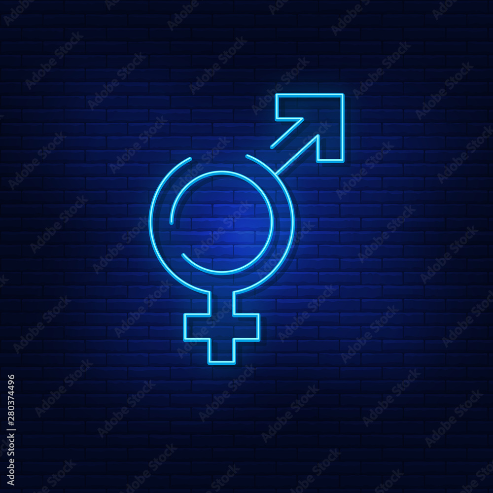 Neon lighting lettering combined male and female symbol. (U+26 A5 ...
