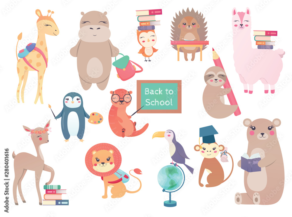 Set back to school Animals hand drawn style, education theme. Cute ...