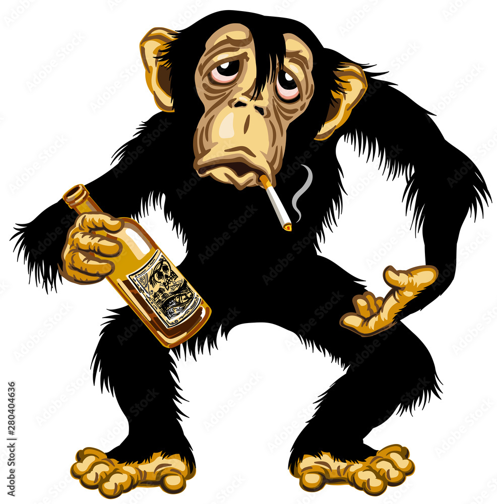 cartoon drunk chimpanzee great ape holding empty bottle of alcohol and smoking a cigarette ...