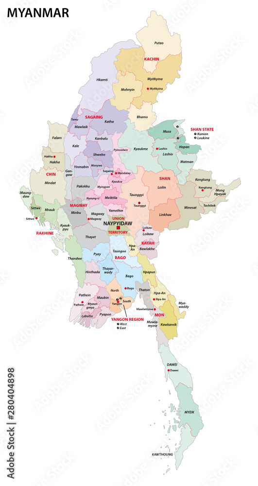 myanmar administrative map with regions and districts Stock Vector ...