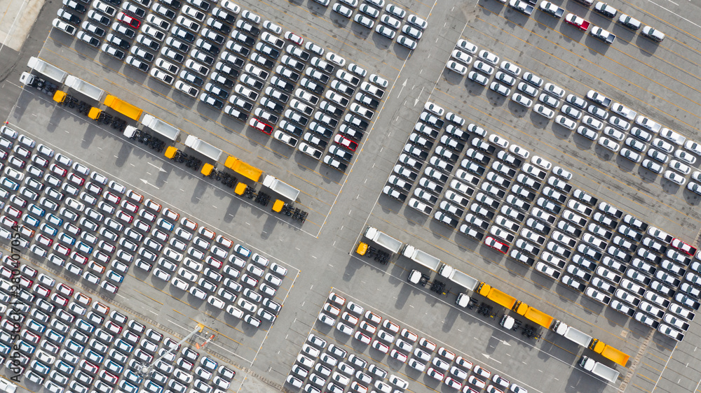 Aerial view new cars export terminal, New cars waiting for import ...