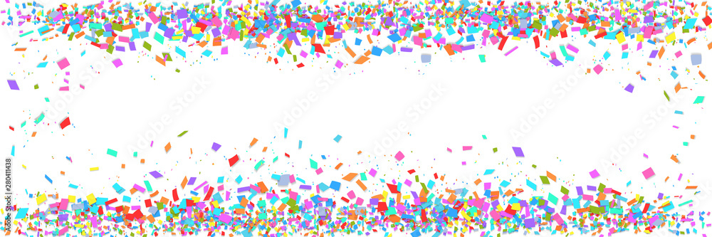 Colorful confetti border isolated on white background with copy space. Abstract frame template ...