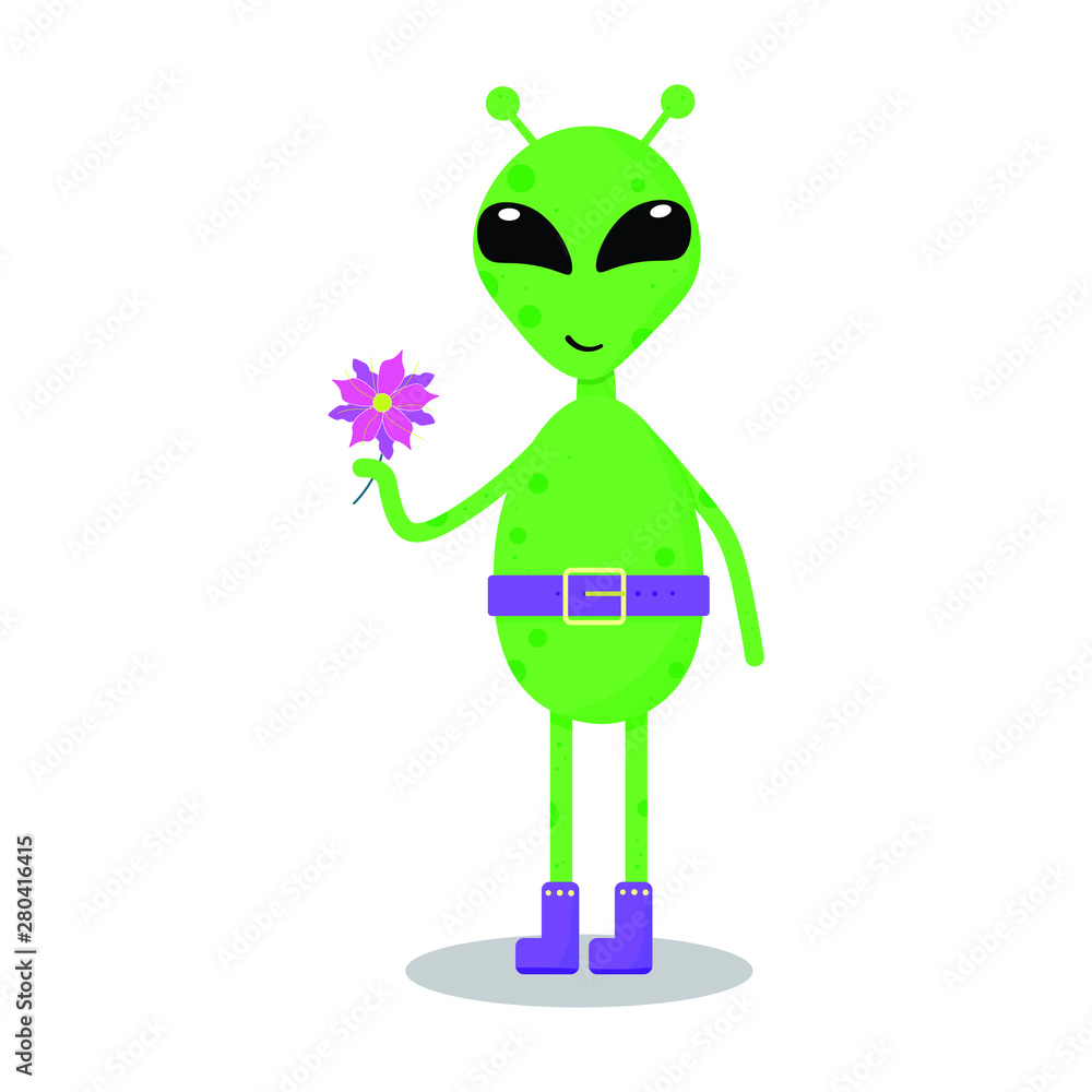 Vector illustration of cute, cartoon alien. Green alien, which holds ...