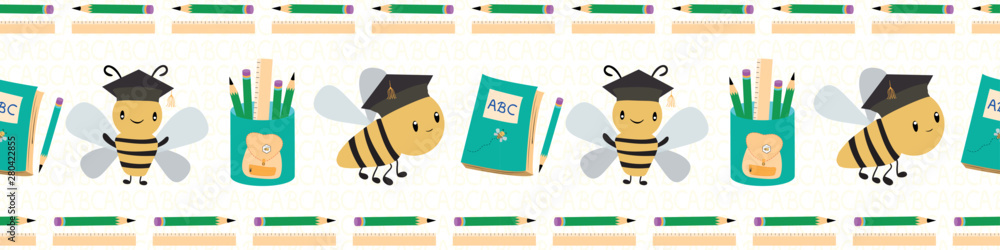 Cute going back to school border with bees, books and pencils. Seamless ...