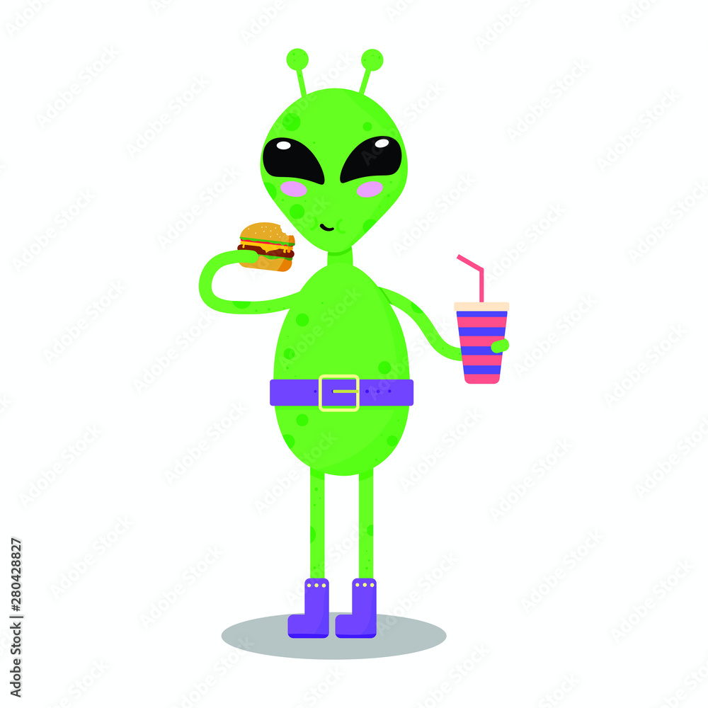 Vector illustration of cute cartoon alien, which eats hamburger and ...