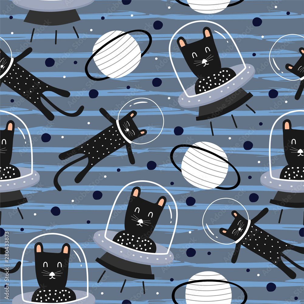 Funny cat alien on space seamless pattern decorative drawing ...