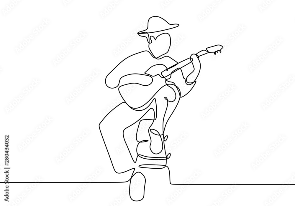 Continuous line drawing classical guitar music player minimalism design ...