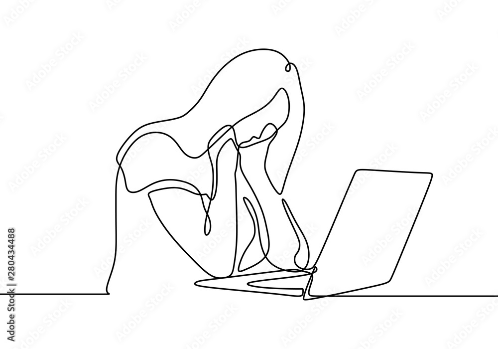 Continuous line drawing of girl with laptop feels frustrated expressing ...