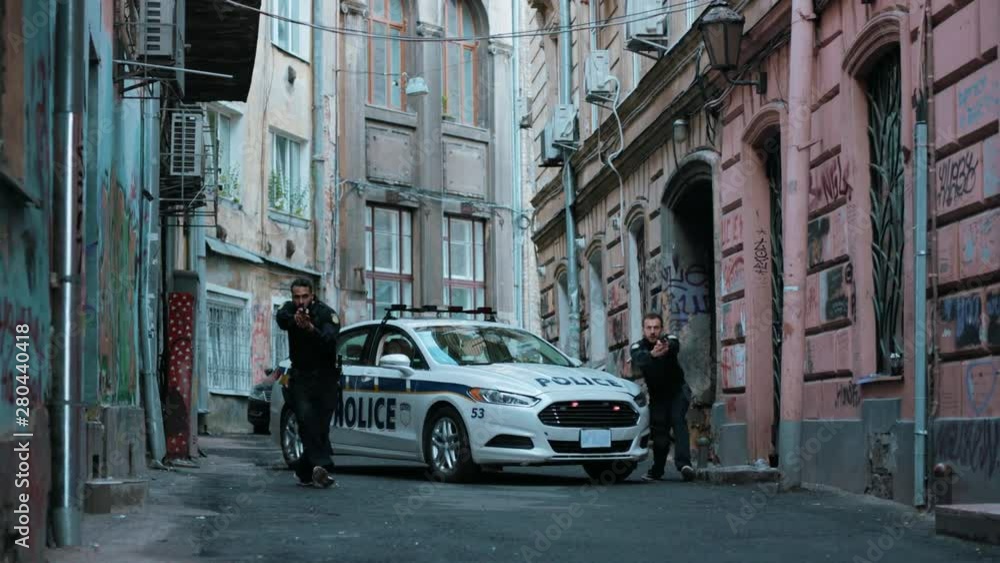 Police with pistol fight for a criminal street near patrol car burglar ...
