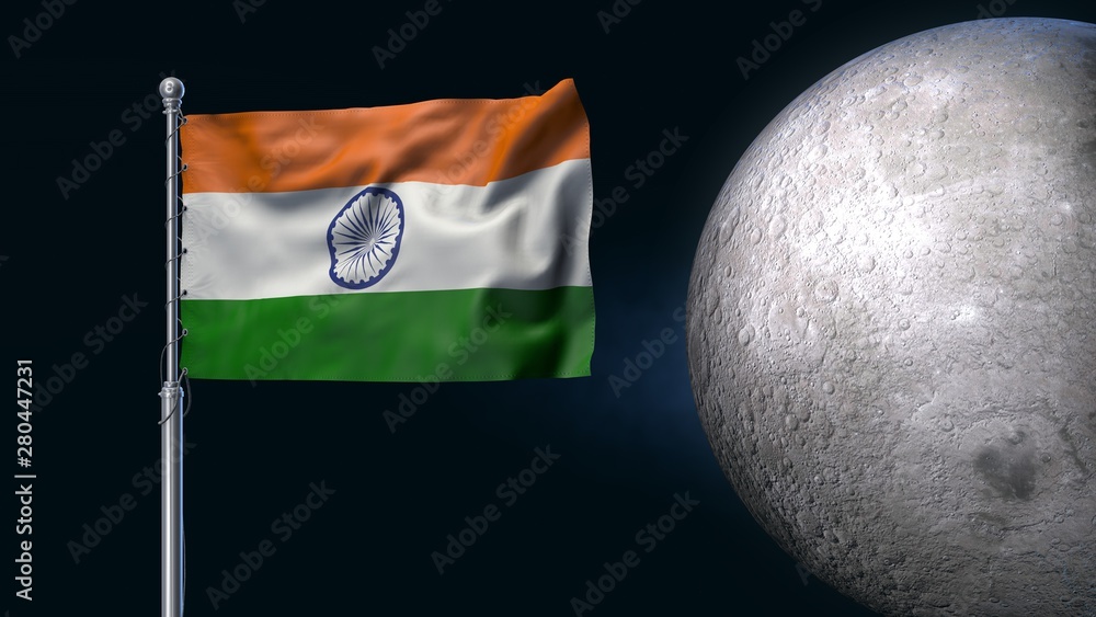Indian flag waving over the moon in space. India moon mission concept ...