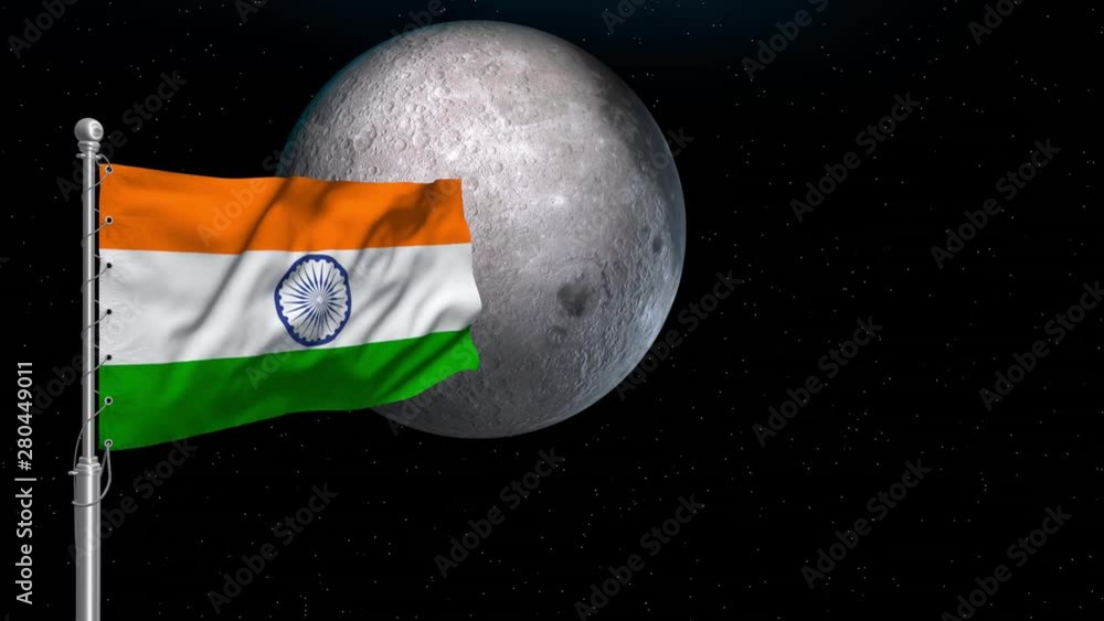 Indian flag waving over the moon in space. India moon mission concept ...