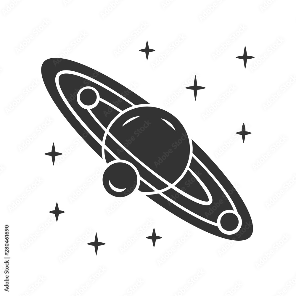 Solar system glyph icon. Celestial bodies orbiting star. Sun planetary ...