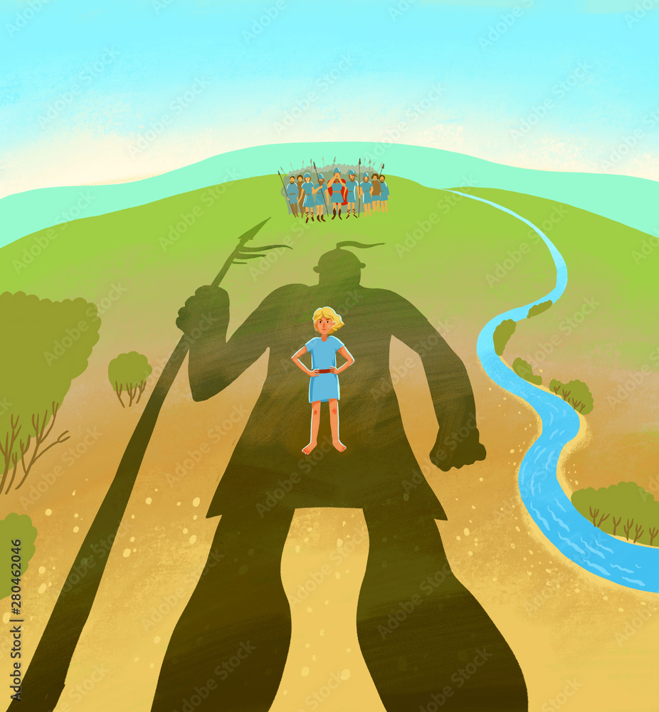 Little David stands under huge shadow of Goliath Stock Illustration ...