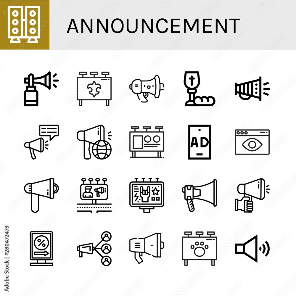 Set of announcement icons such as Speaker, Horn, Billboard, Megaphone ...