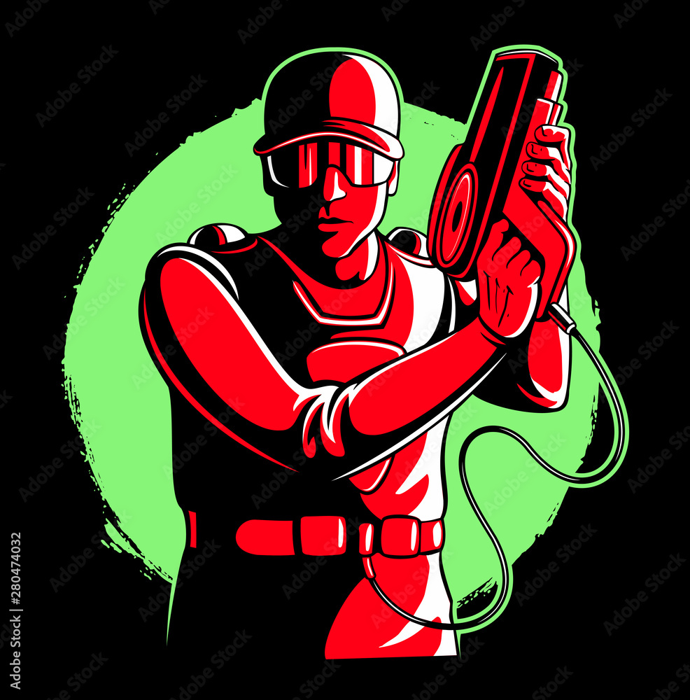 Lasertag player, man with the ammunition and laser tag gun, vector ...