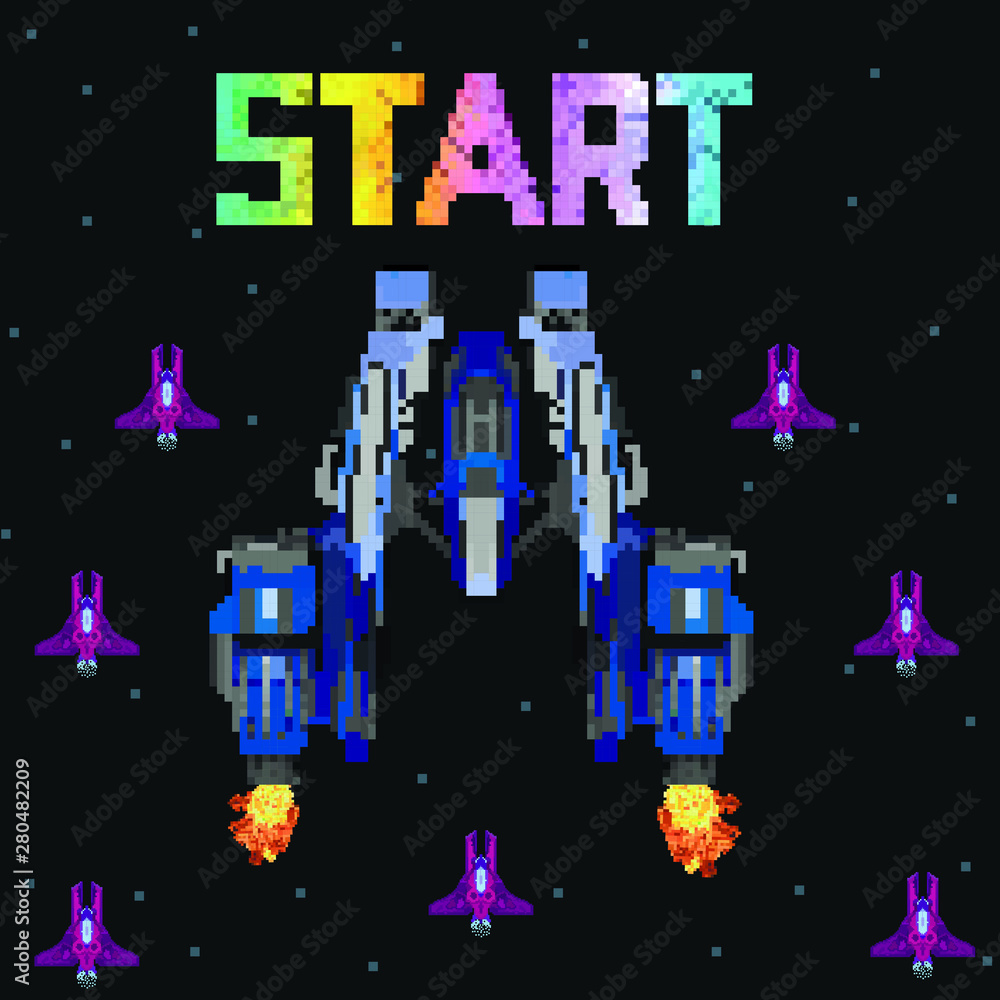 Retro video game, screen, arcade space warships, shooting, background ...