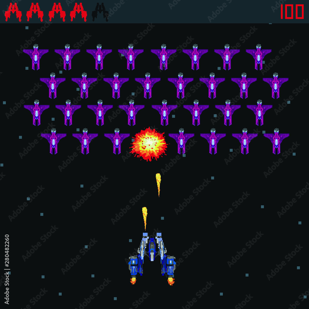 Retro video game, screen, arcade space warships, shooting, background ...
