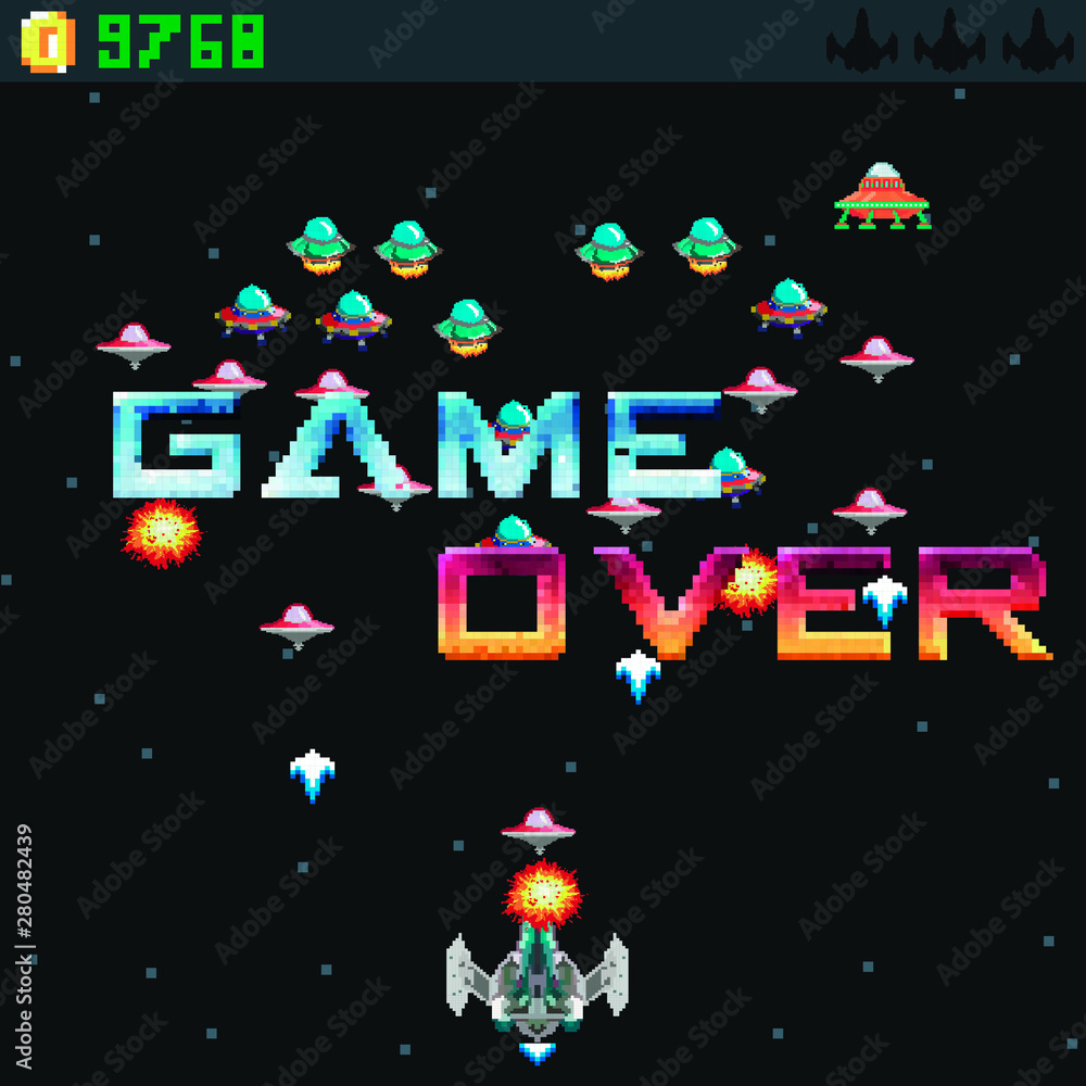 Retro video game, screen, arcade space warships, shooting, background ...