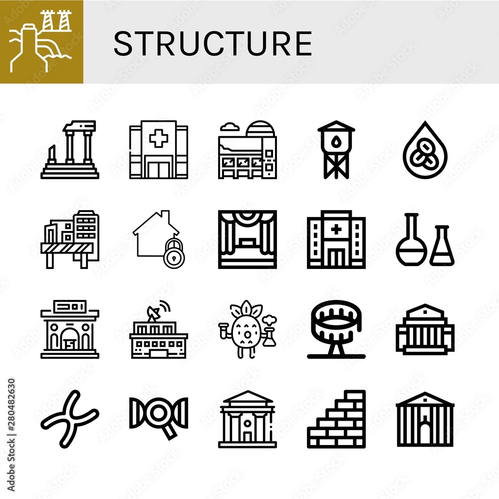 Set of structure icons such as Power plant, Parthenon, Hospital, Museum ...