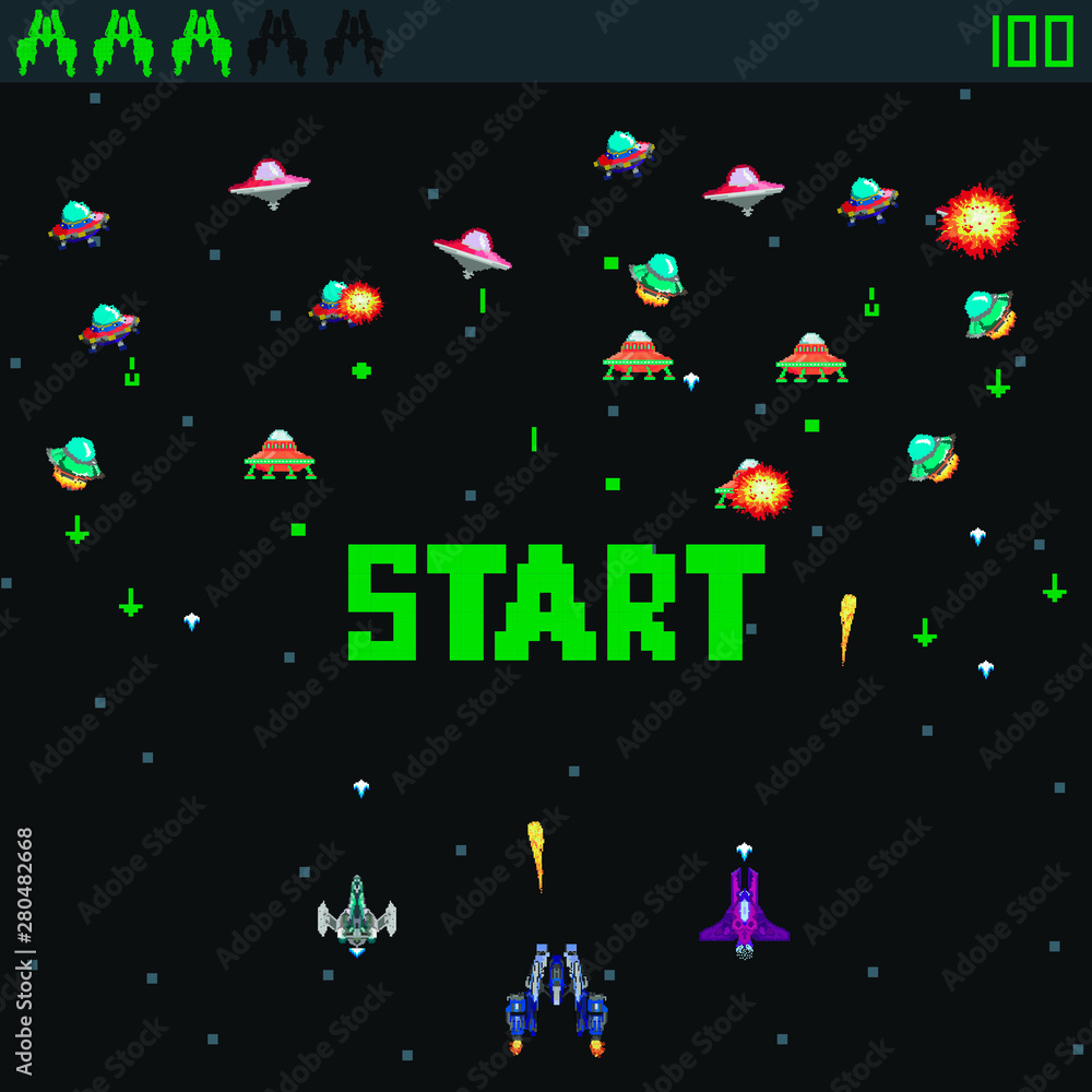 Retro video game, screen, arcade space warships, shooting, background ...