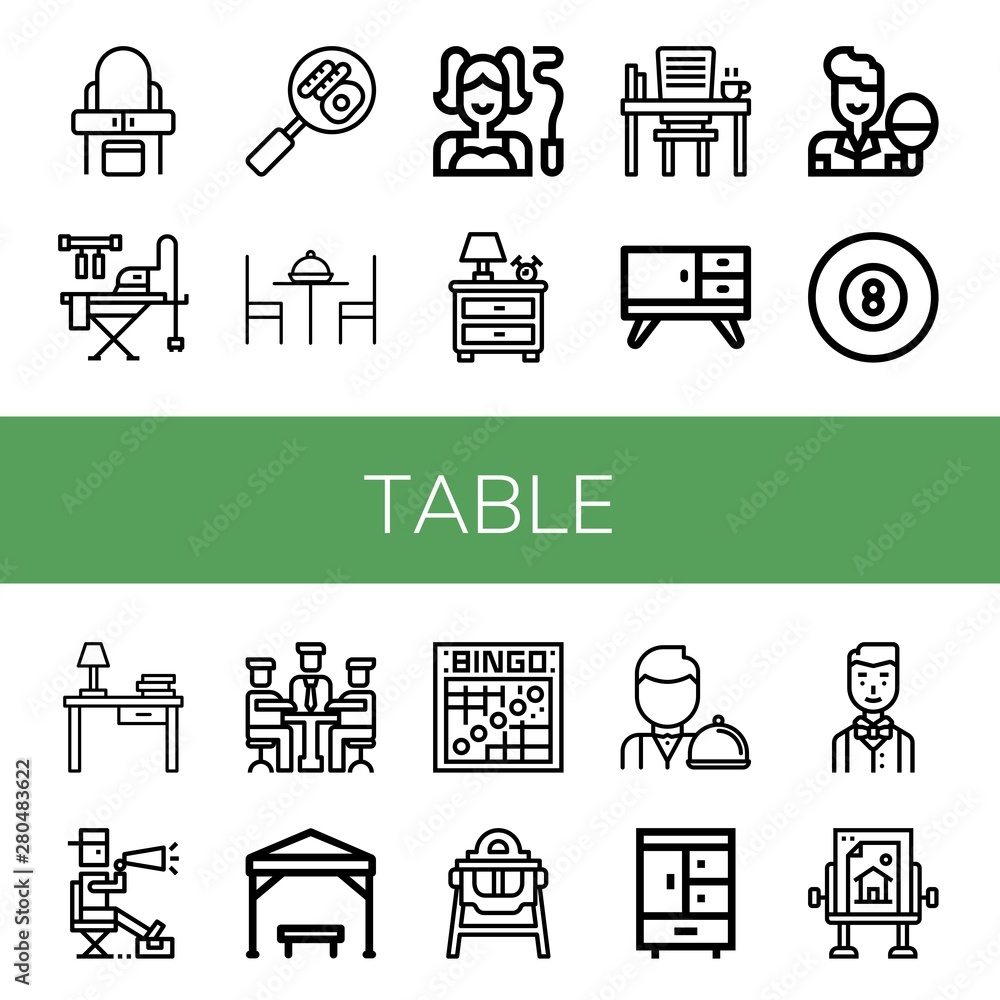 Set of table icons such as Dressing table, Ironing board, Buffet, Table ...