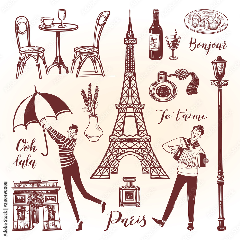 French vintage set with lettering. Illustration in sketch style ...