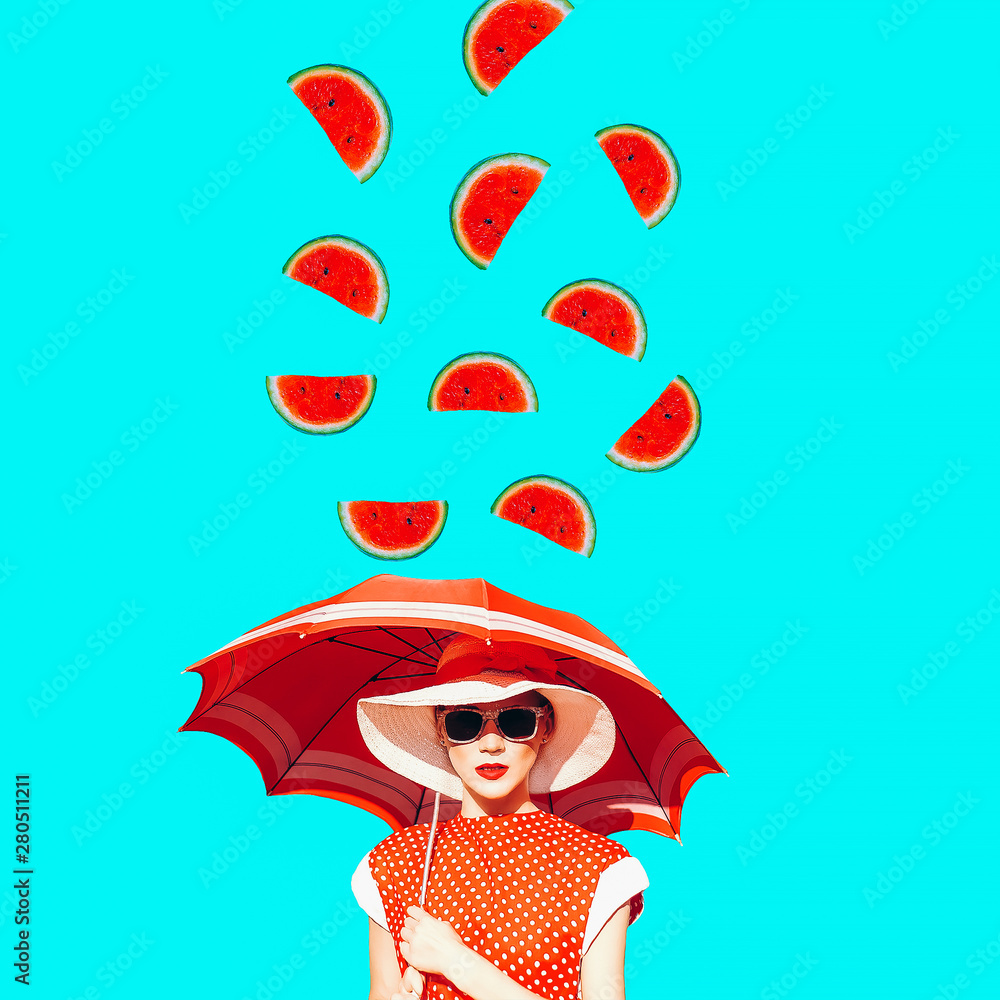 Contemporary art collage. Lady vintage and watermelon rain Stock Photo ...