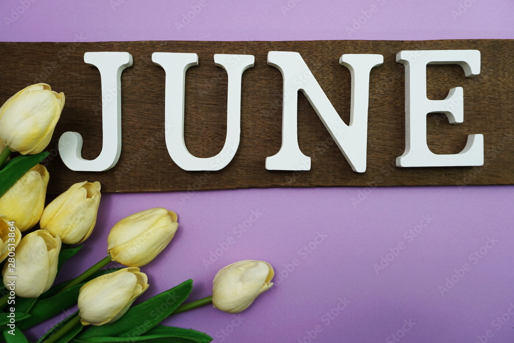 June alphabet letter and tulip flower with space copy on purple ...