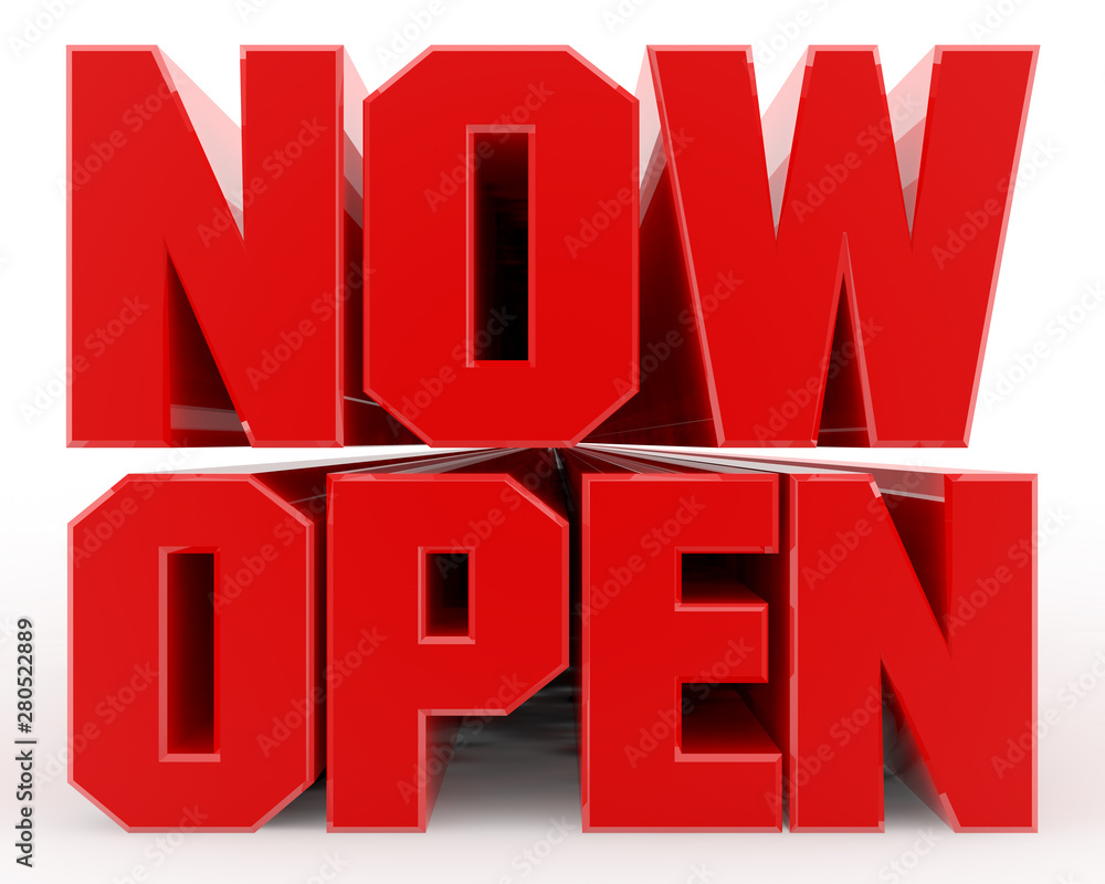 3D NOW OPEN word on white background illustration 3D rendering Stock ...