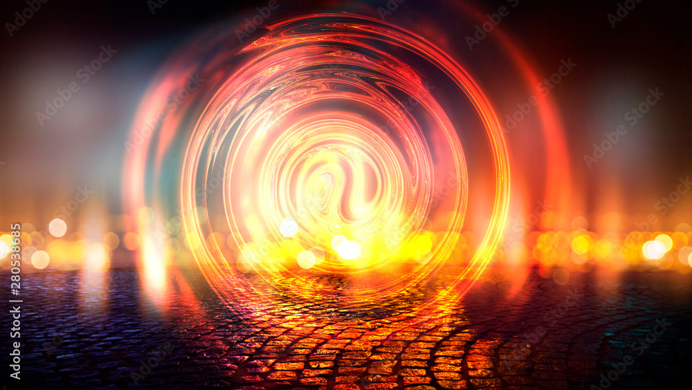 Dark night street scene, abstract neon light in the dark, reflected on ...