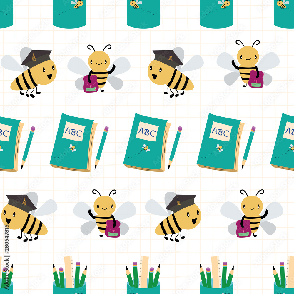 Cute busy bees with books, bags and pencils going back to school design ...
