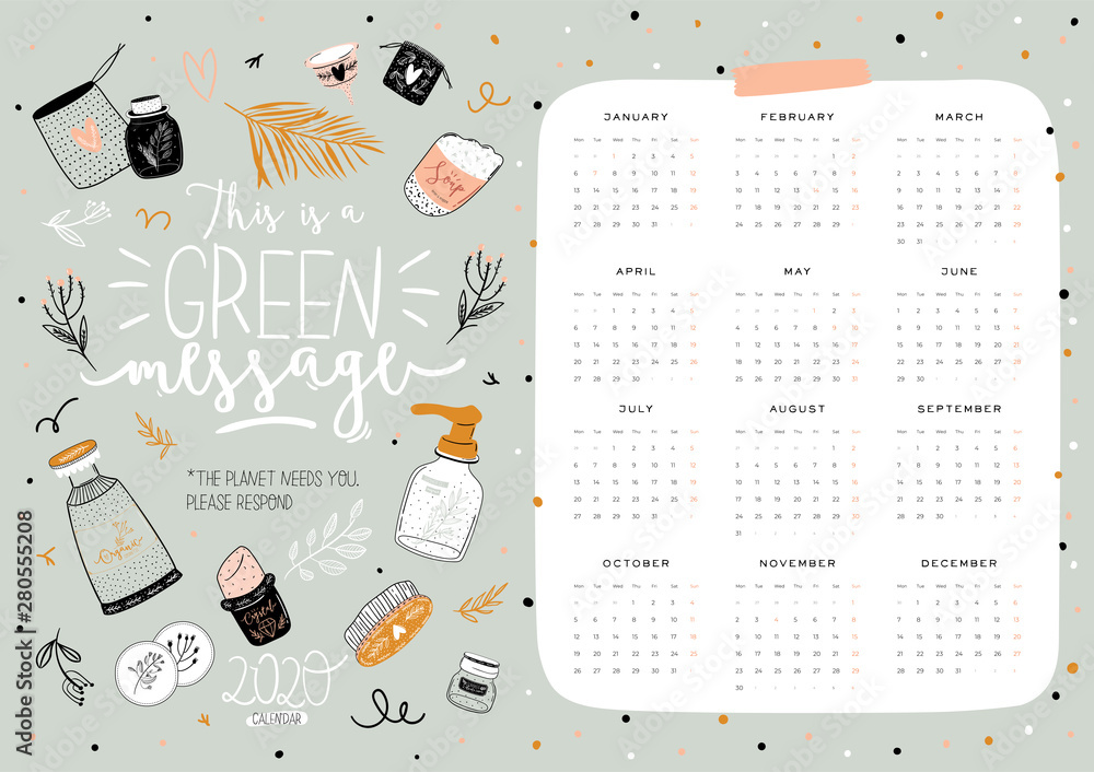 Cute Zero Waste 2020 Calendar. Yearly Planner Calendar with all Months ...