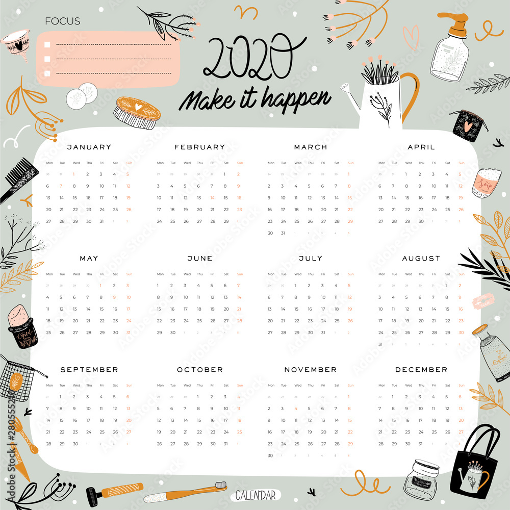 Cute Zero Waste 2020 Calendar. Yearly Planner Calendar with all Months ...