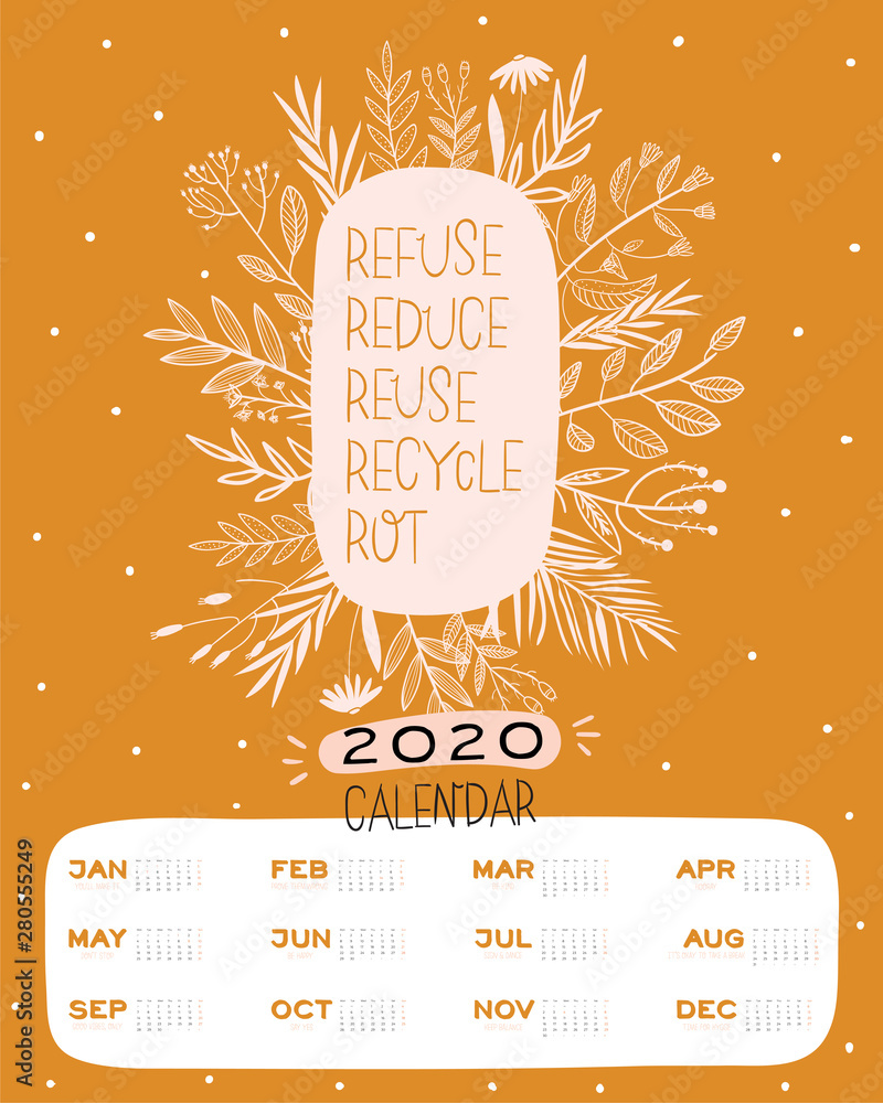 Cute Zero Waste 2020 Calendar. Yearly Planner Calendar with all Months ...