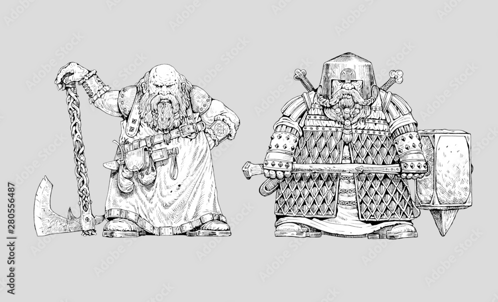 Dwarves warriors drawing. Ink fantasy illustration. Dwarf with ax ...