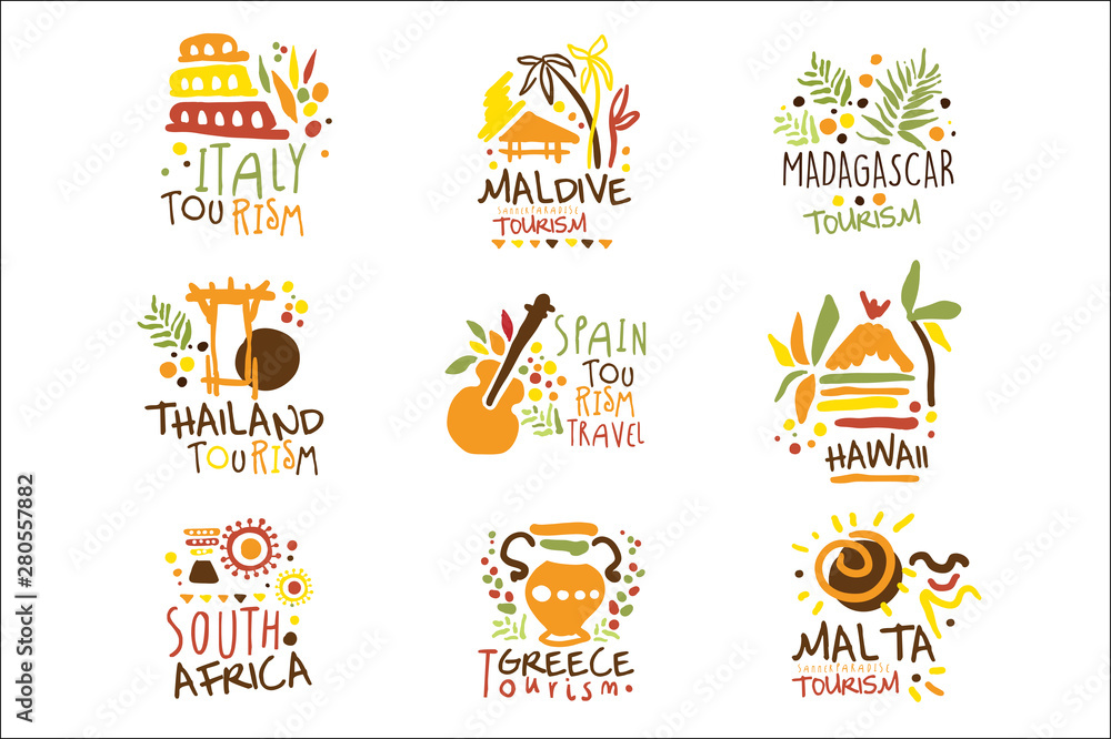 Touristic Travel Agency Set Of Colorful Promo Sign Design Templates ...