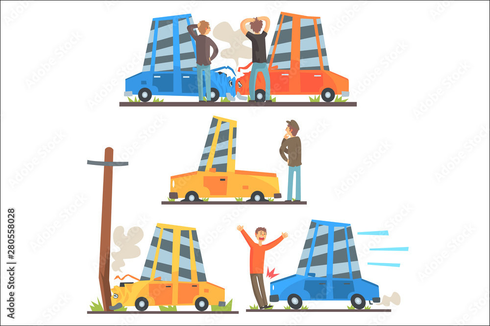 Car Road Accident Resulting In Transportation Damage Set Of Stylized ...