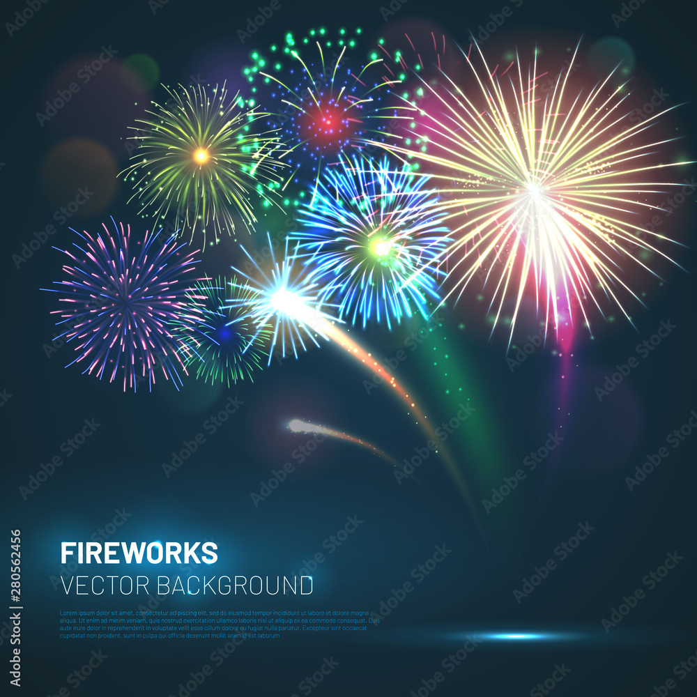 Realistic fireworks explosions with shining sparks on dark background ...