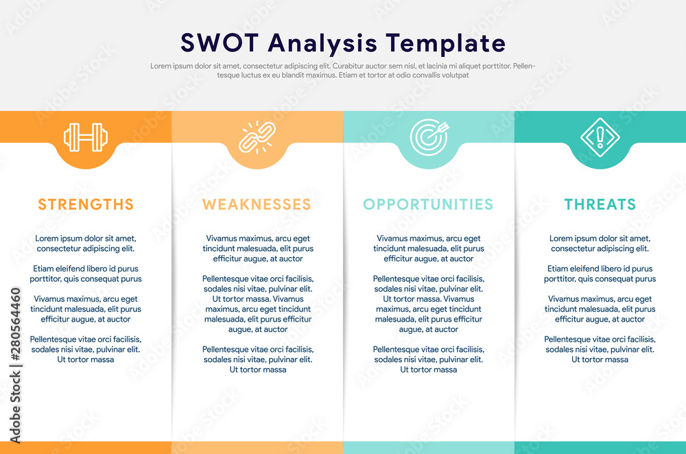 Four colorful elements with text placed inside table. Concept of SWOT ...
