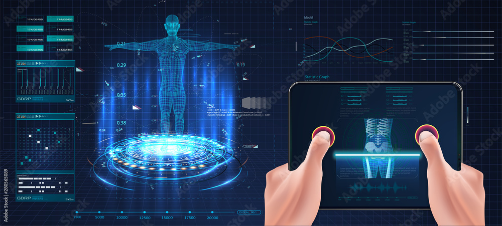 The young man is holding a tablet and scans the person. Future medicine ...