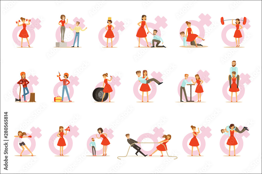 Woman In Red Dress Taking On Traditional Male Roles And Exchanging ...