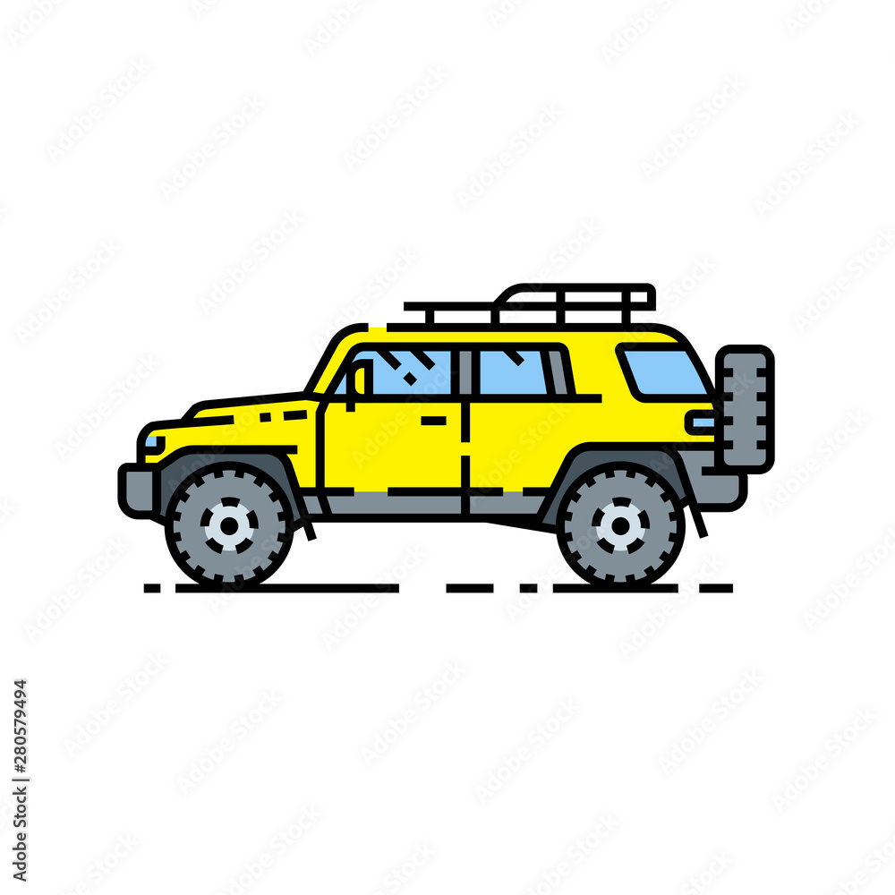 4x4 SUV line icon. Offroad sports utility vehicle symbol. Yellow all ...