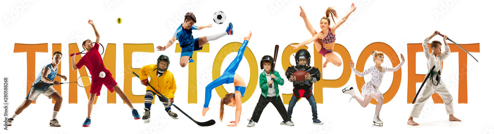 Creative collage of different photos of 9 models. Advertising, sport ...