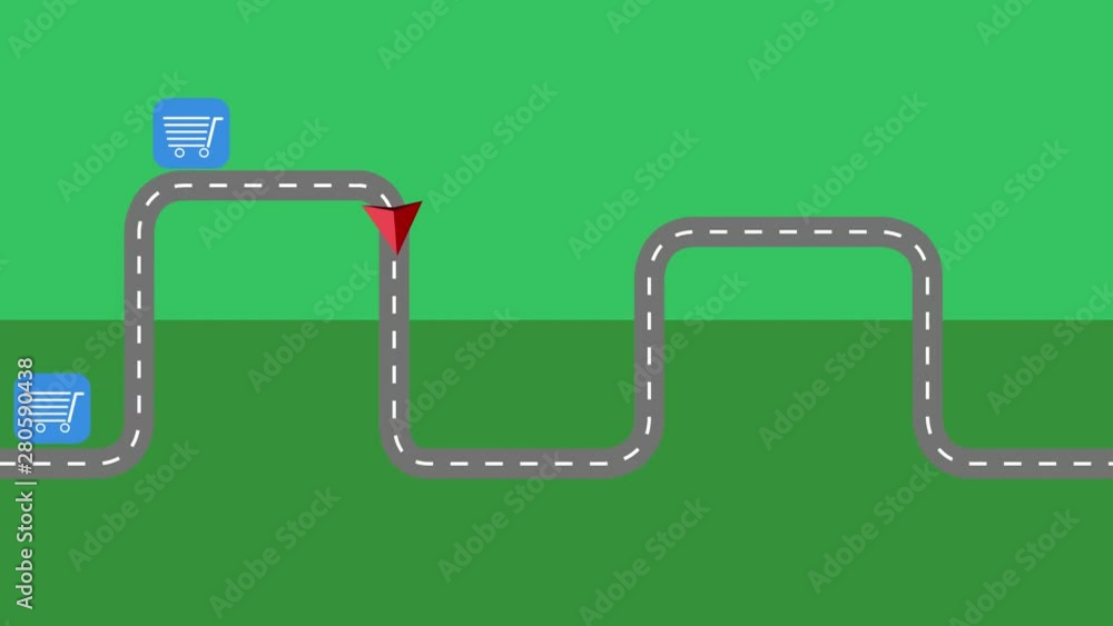 Supermarket trolley on the map.Animation of flying flickering particles ...